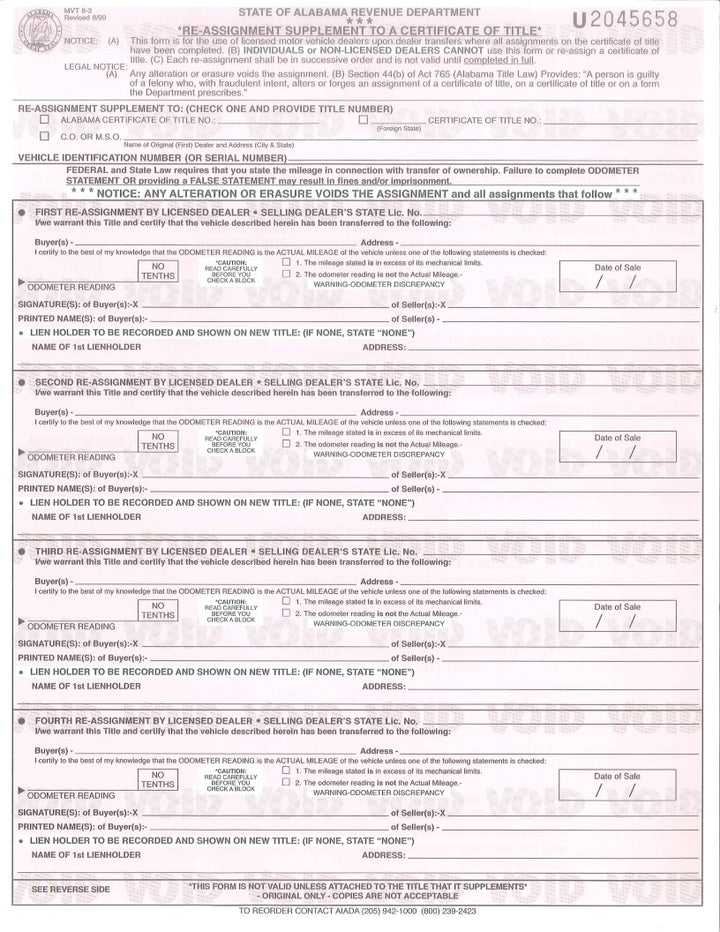 Title Supplement Reassignment Forms (MVT 8-3) – Alabama Independent ...