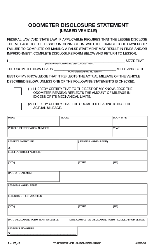 Odometer Disclosure Statement (Leased Vehicle) – Alabama Independent ...