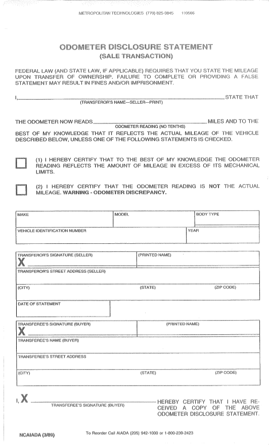 Odometer Disclosure Statement (Sales Transaction - New Car) – Alabama ...